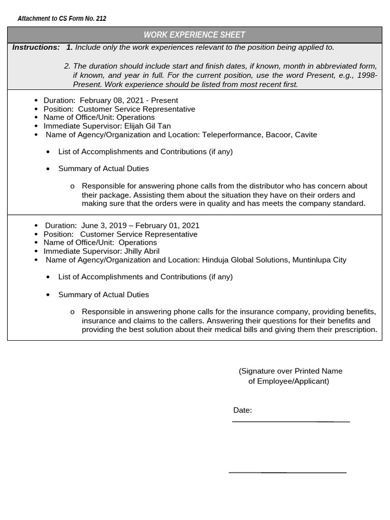 CSC Form No. 212 Attachment - Work Experience Sheet - FINAL2 | PDF