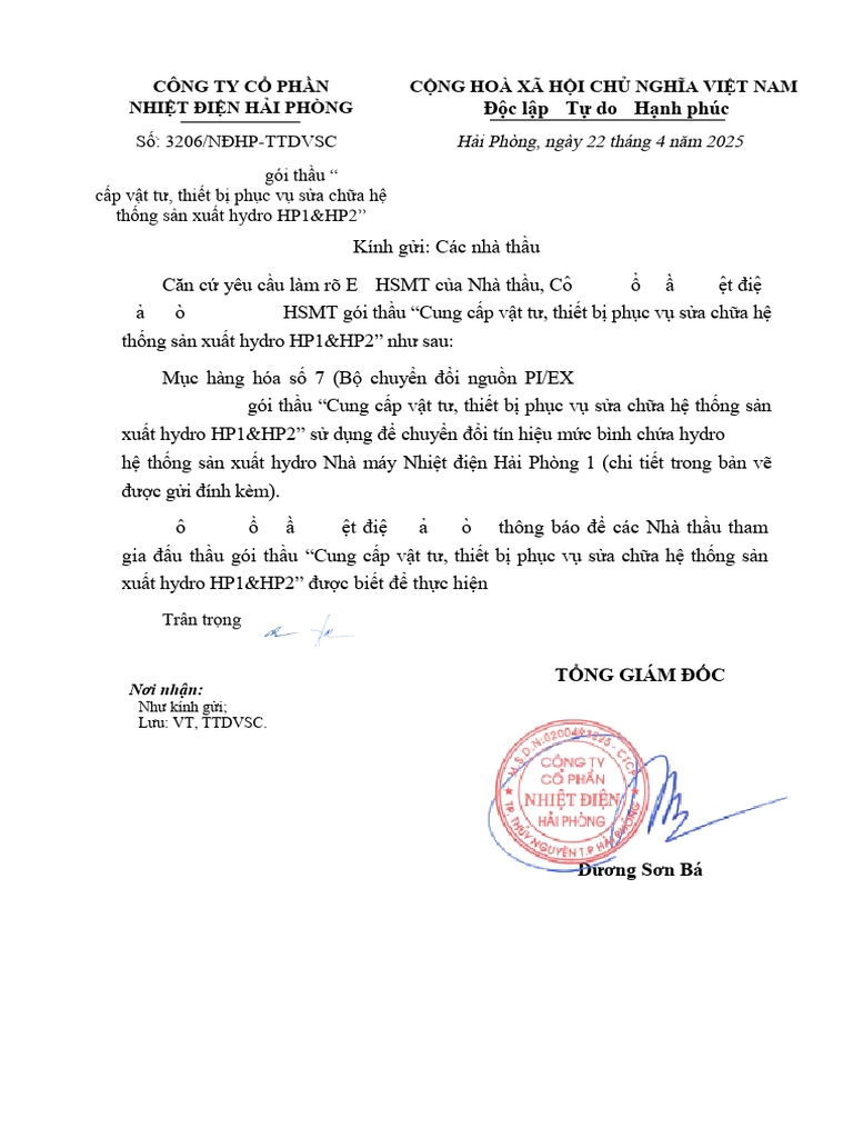 Làm rõ HSMT gói Cung cấp vật tư, thiết bị phục vụ sửa chữa hệ thống sản xuất hydro | PDF