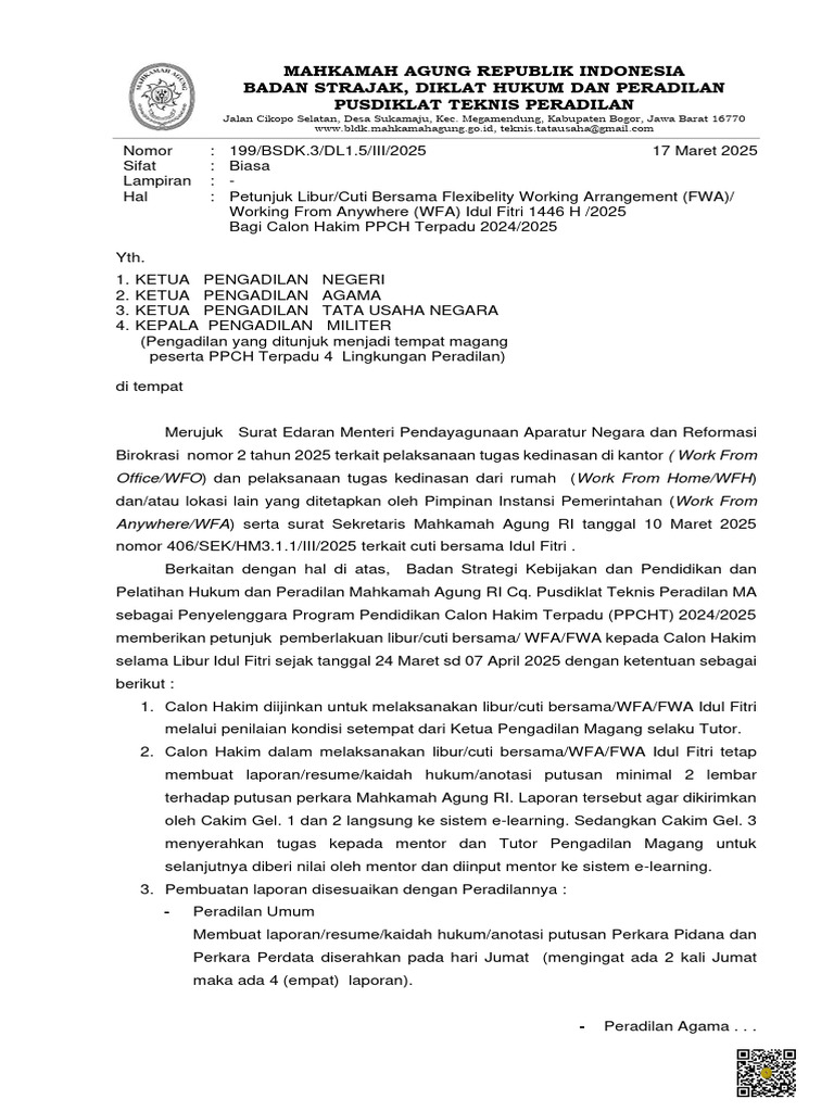 199-BSDK.3-Surat Pemberitahuan WFA Atau WFH Ke Para Cakim Revisi | PDF