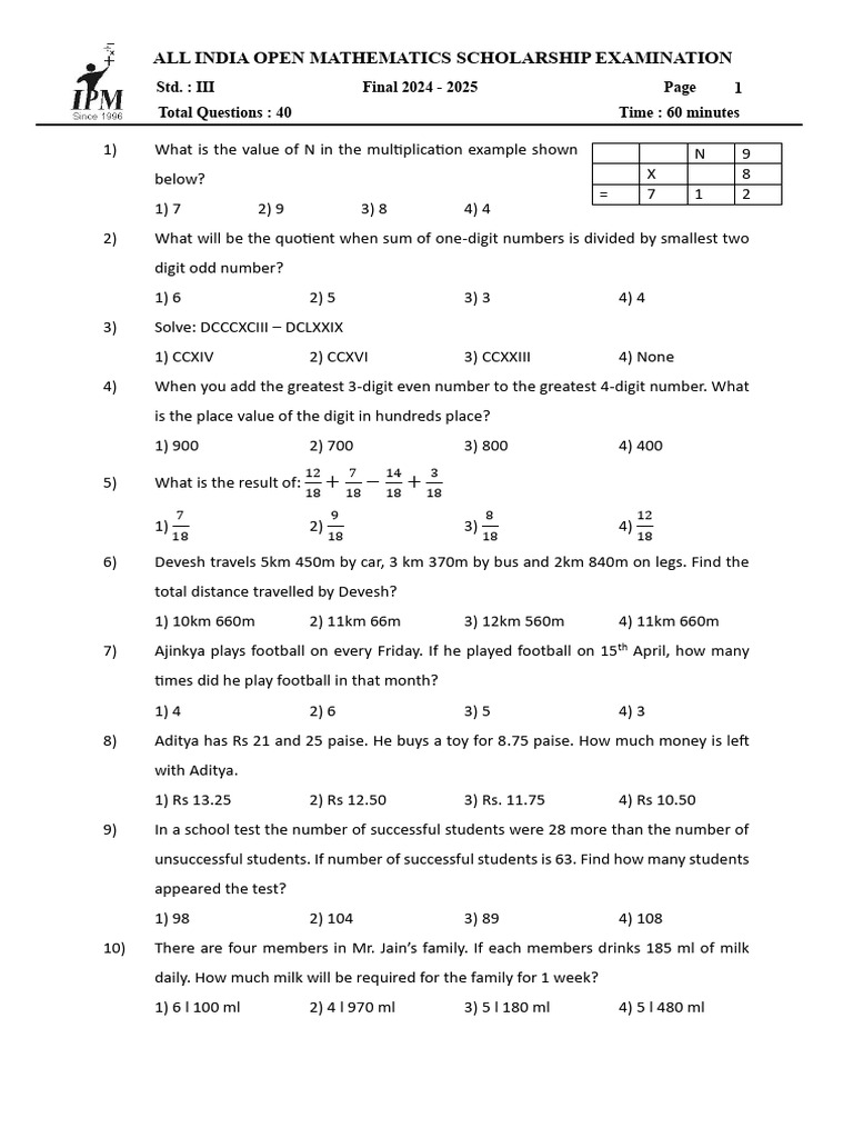 IPM STD 3rd Final Paper 24-25 | PDF | Mathematics | Arithmetic