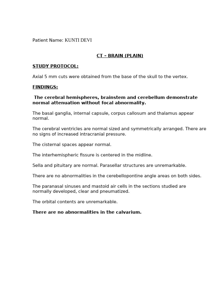 Normal Brain CT Scan Report | PDF