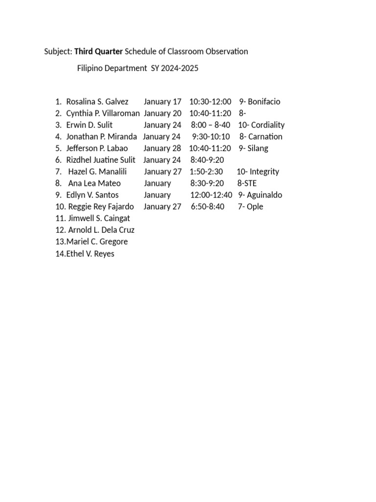 Q3 Classroom Observation Schedule 2024 | PDF