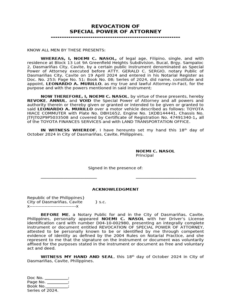 Revocation of Spa Nasol.2024 | PDF | Power Of Attorney | Notary Public