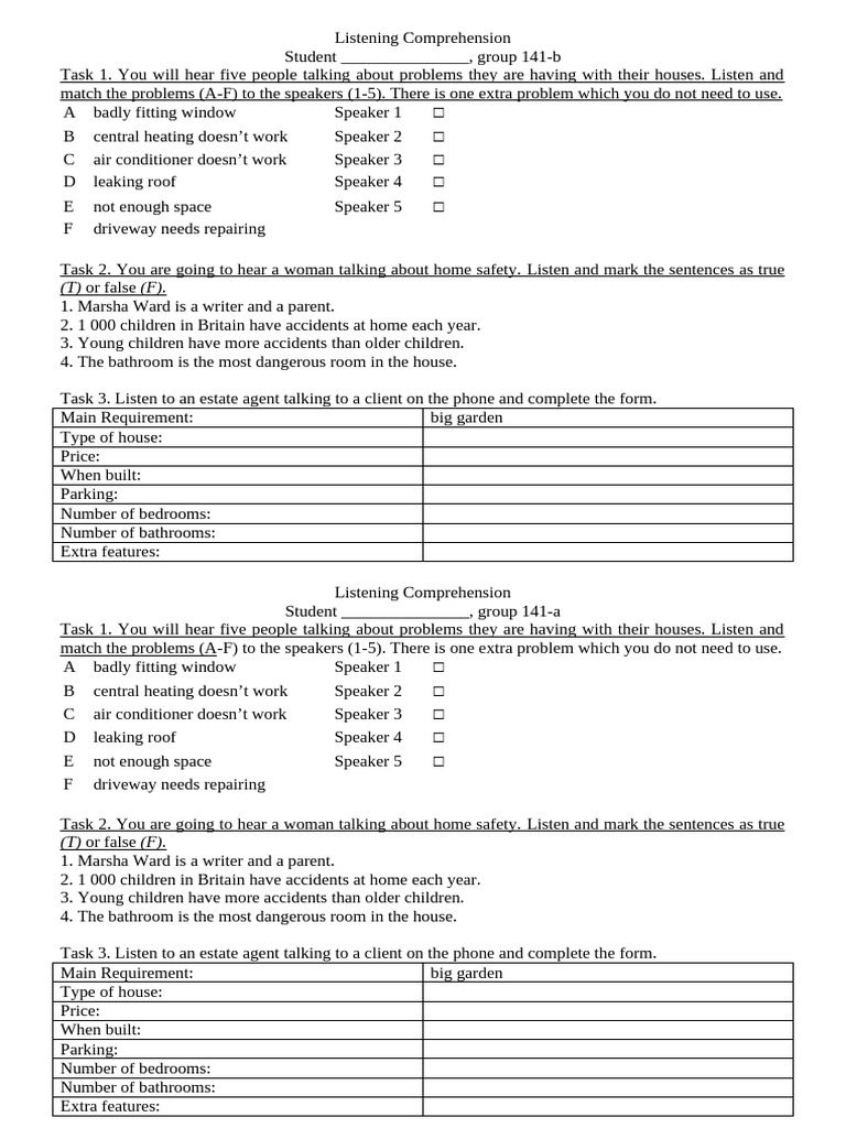 Home Problems and Safety Listening Tasks | PDF