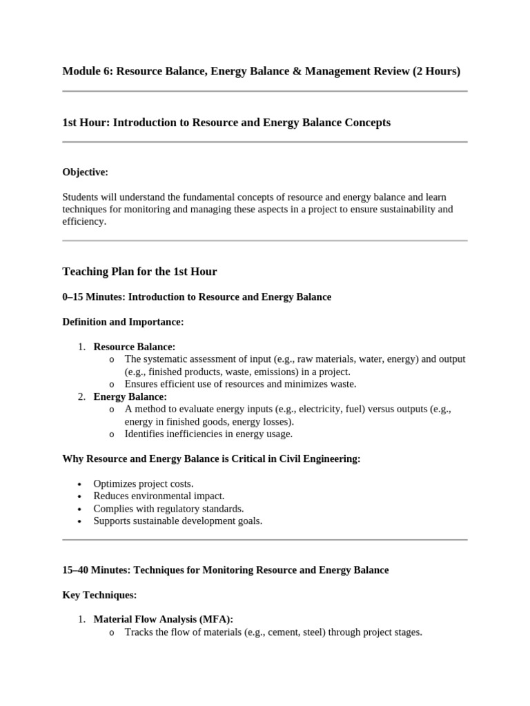 Module 6: Resource Balance, Energy Balance & Management Review (2 Hours ...