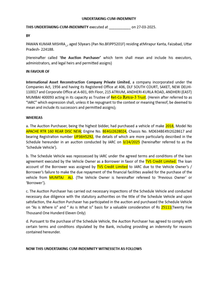 Up3065tw0021568 Undertaking | PDF | Indemnity | Taxes