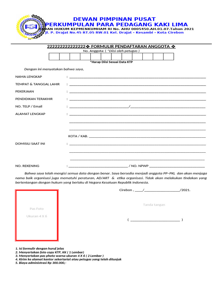 Formulir Pendaftaran Anggota Pp Pkl Kab. Cirebon | PDF