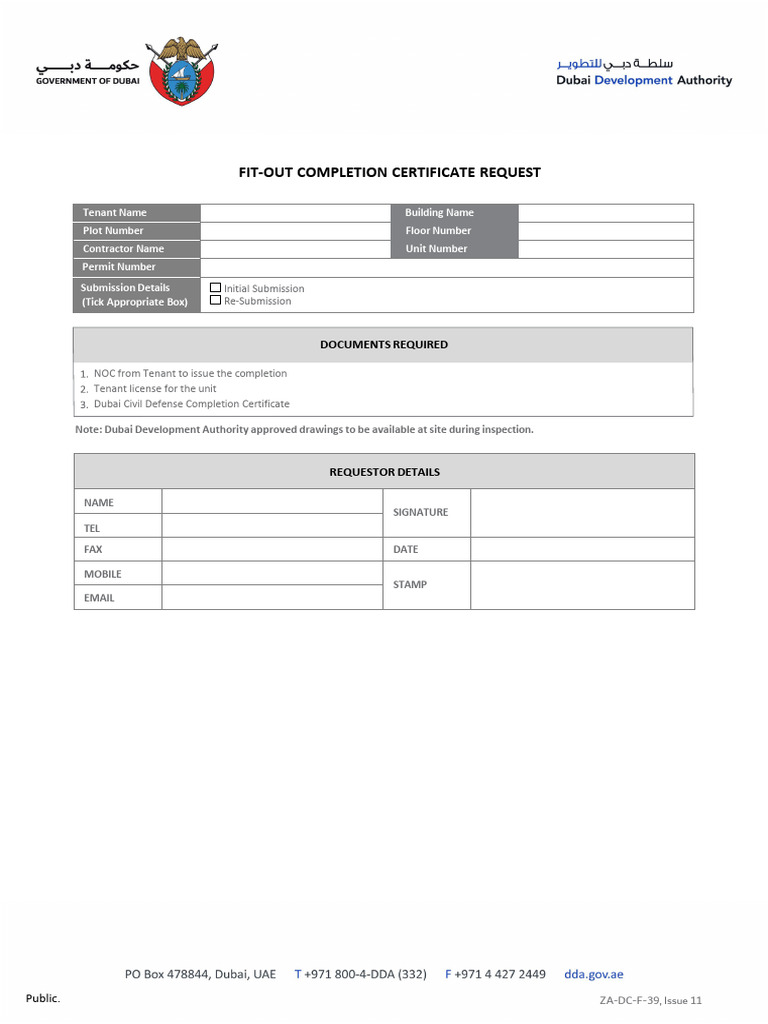 DDA - Fit-Out Completion Certificate Request Form | PDF