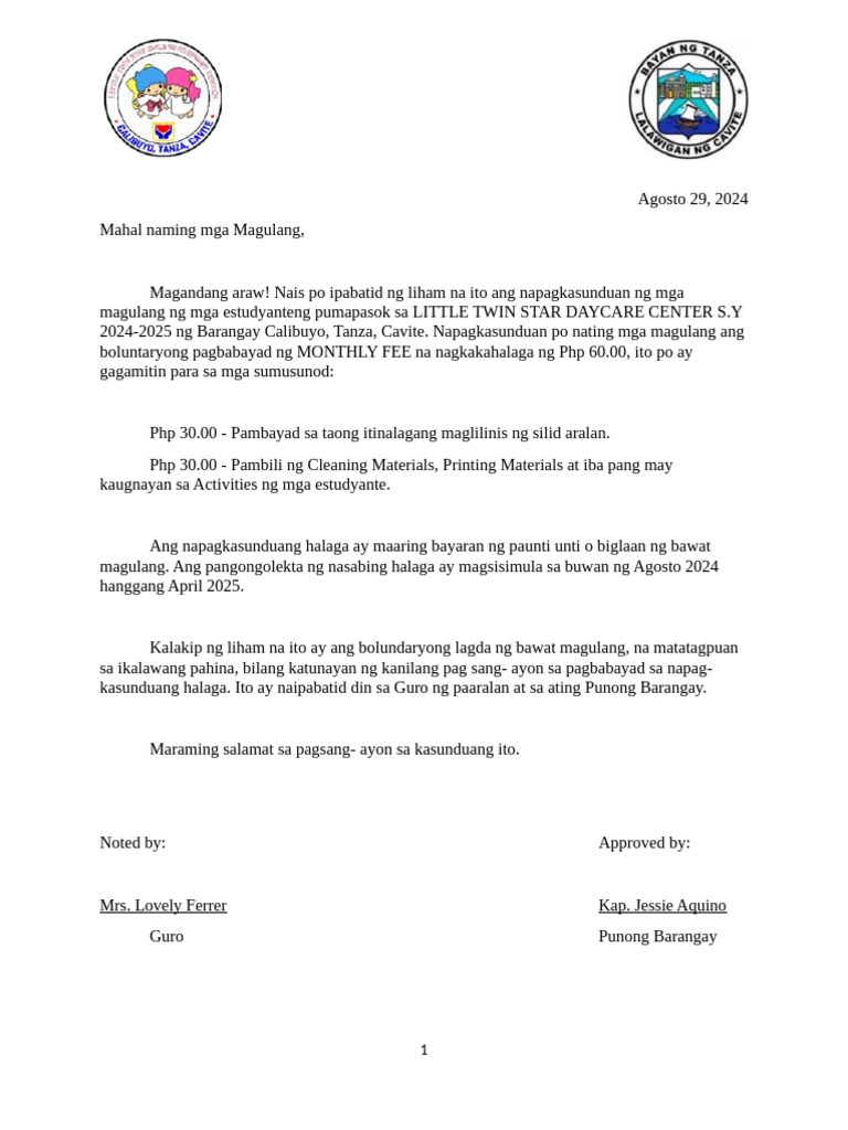 Monthly Fee Letter | PDF