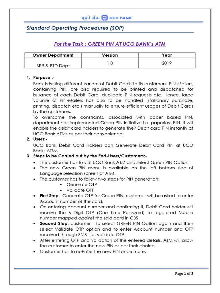 Sop Green Pin at Uco Bank Atm | PDF | Personal Identification Number | Automated Teller Machine