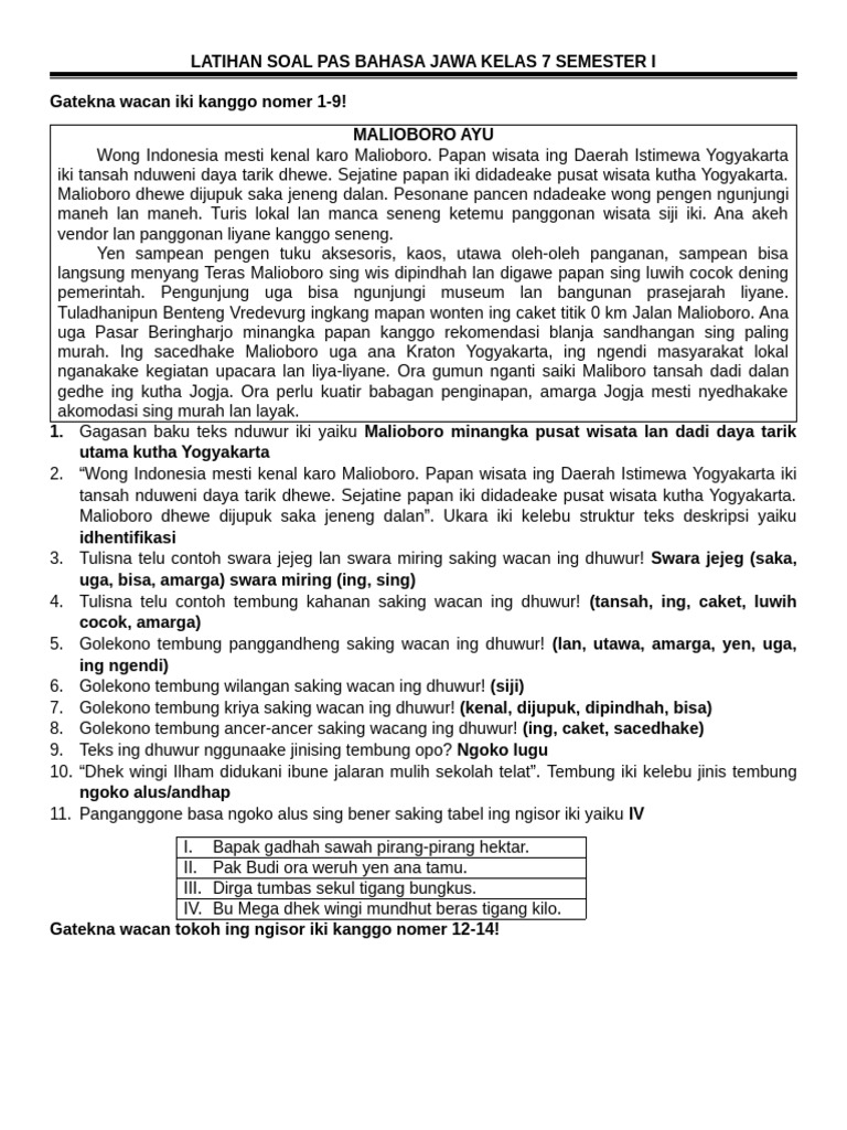 Jawaban Latihan Soal Bahasa Jawa Kelas 7 | PDF