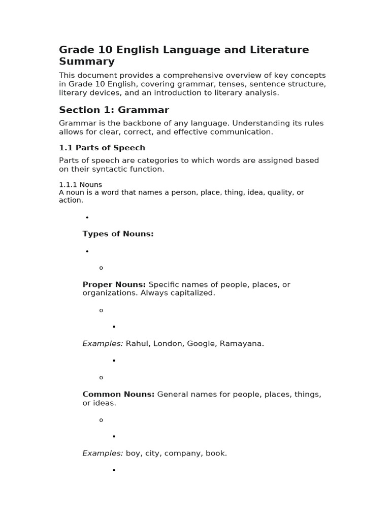 Grade 10 English Language and Literature Summary | PDF | Verb | Adjective