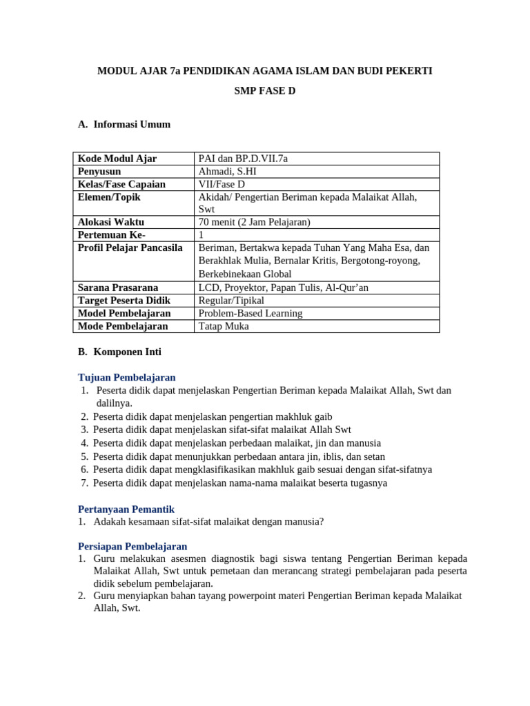 MODUL AJAR 7a PENDIDIKAN AGAMA ISLAM DAN BUDI PEKERTI | PDF
