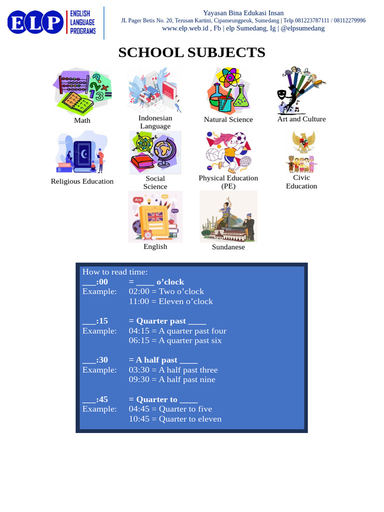 School Subjects and Time Flyer 4 | PDF