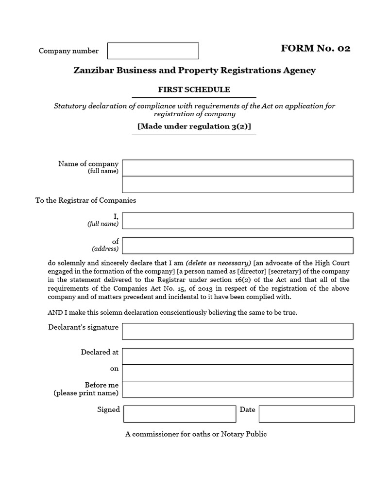 Form No. 2 - Statutory Declaration of Compliance With Requirements of ...