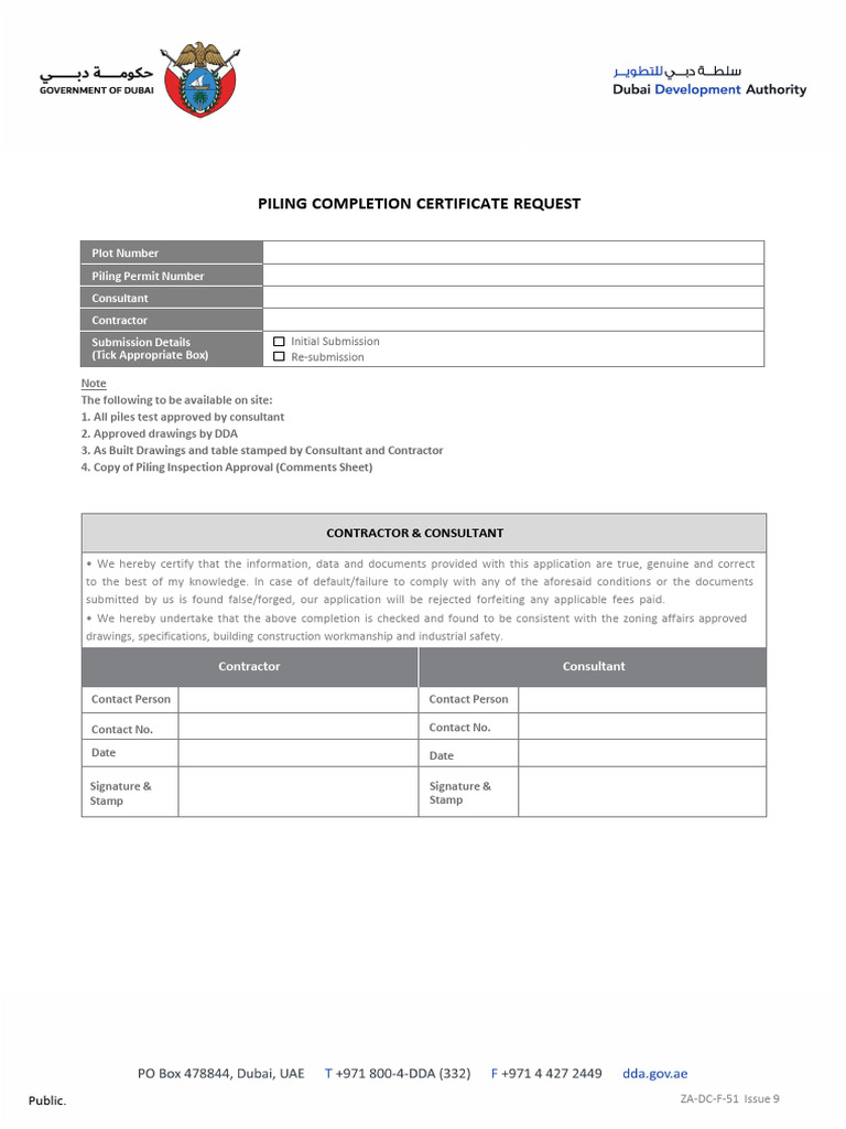 Piling Completion Certificate Request | PDF