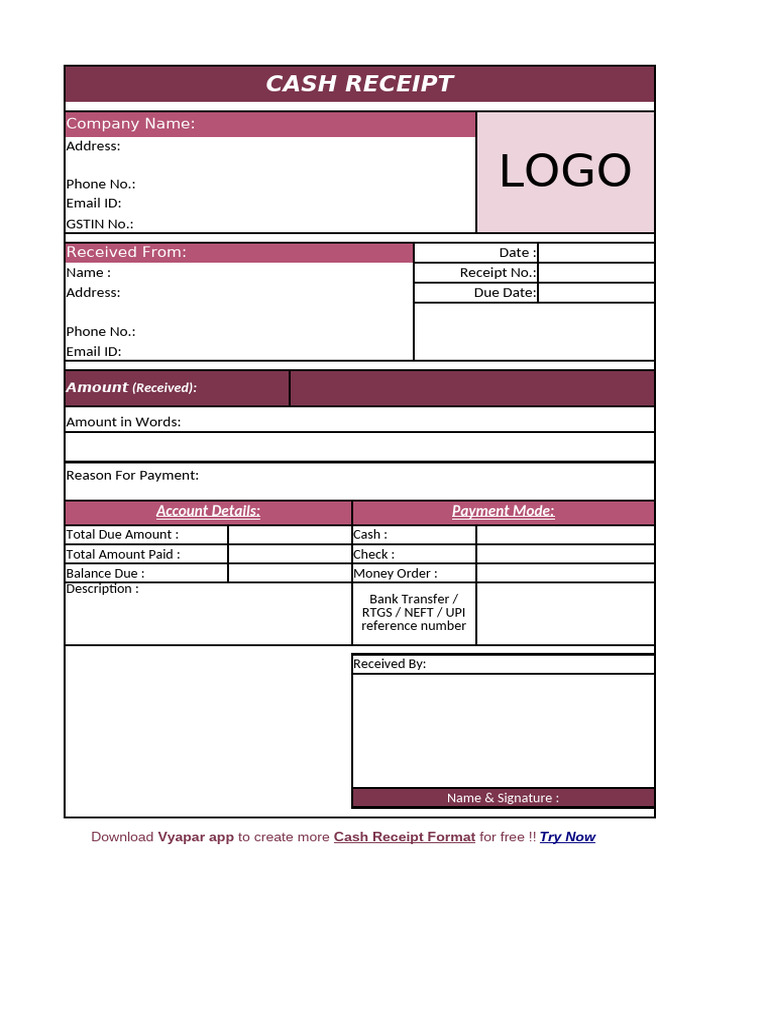 Cash Receipt Template for Payments | PDF