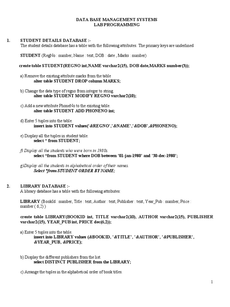 Data Base Management Systems - Lab 2ND SEM BCA - Y2K8 SCHEME | PDF ...