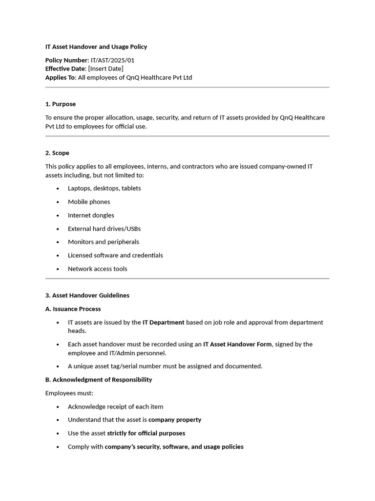 IT Asset Handover Policy Overview | PDF | Computing