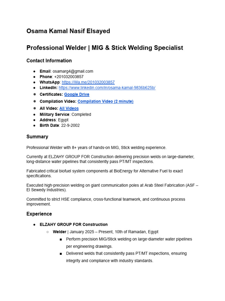 Osama Kamal - Professional Welder _ MIG & Stick Welding Specialist - En | PDF | Welding ...