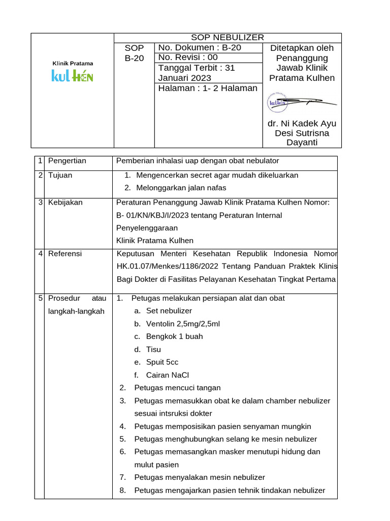 Sop Penggunaan Nebulizer | PDF