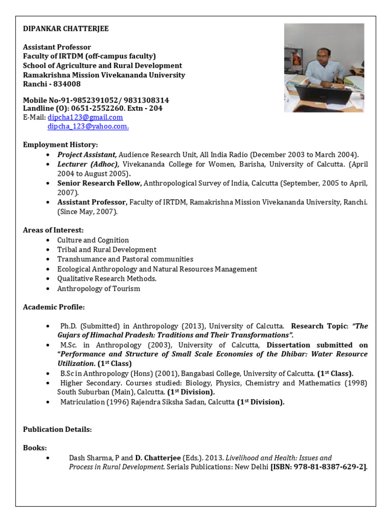 Sri Dipankar Chatterjee Assistant Professor | PDF | Kolkata | Anthropology