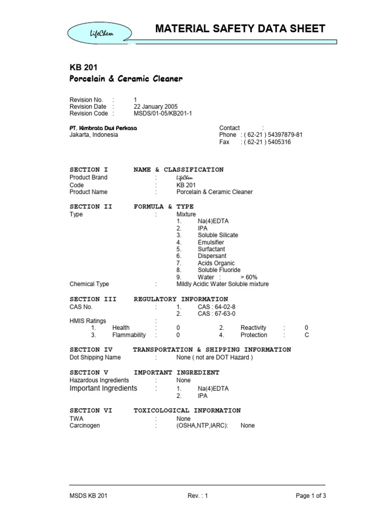 Microsoft Word Msds 201 KB Rev.1 | PDF | Water | Chemical Substances