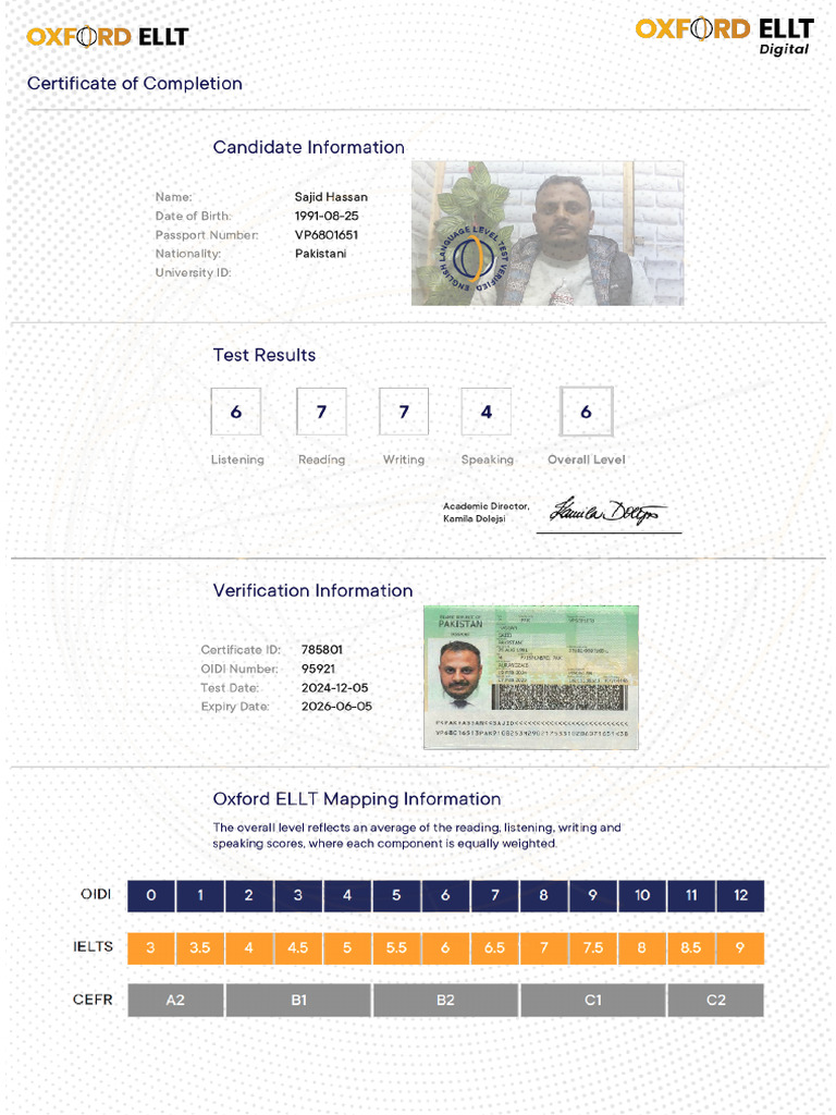 Oxford ELLT Certificate Sajid Hassan 785801 | PDF
