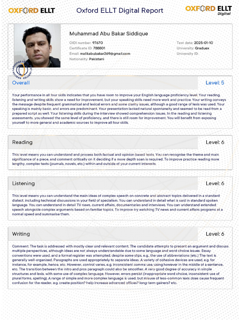 Oxford ELLT Report Muhammad Abu Bakar Siddique 788801 | PDF
