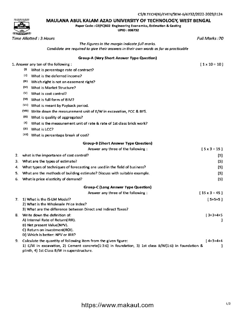 Btech Ce 6 Sem Engineering Economics Estimation and Costing Ce PC 602 2023 | PDF
