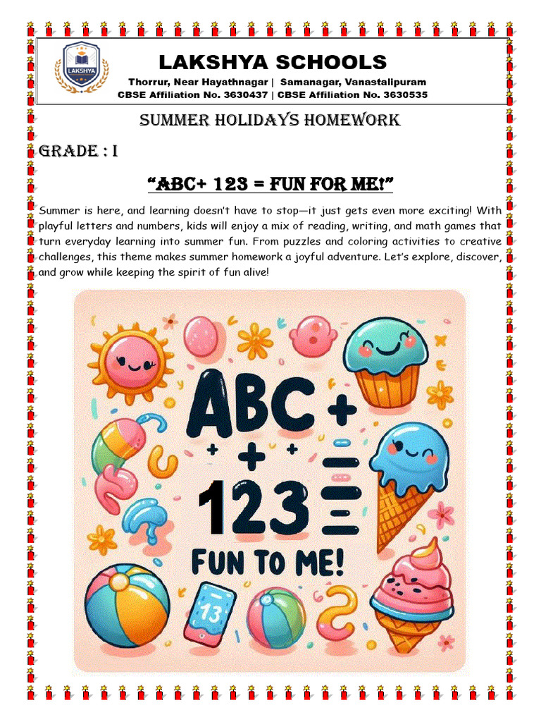 Summer Vacation Homework for Grade 1 | PDF