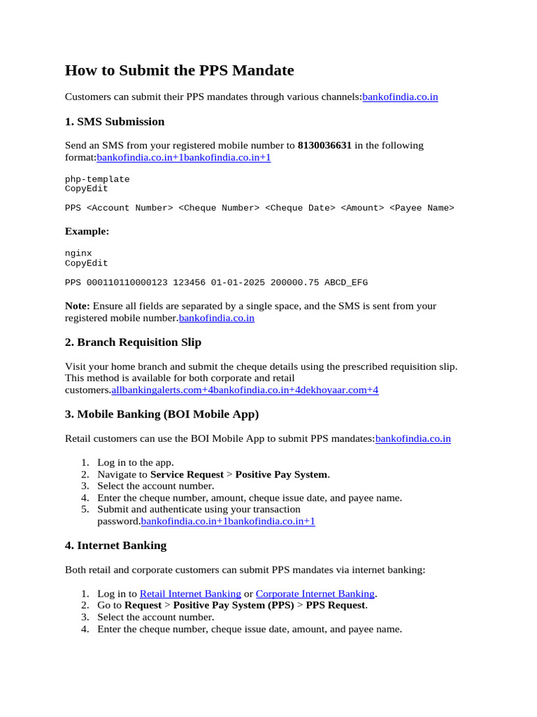 Submitting Bank of India PPS Mandate | PDF
