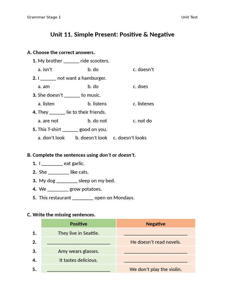 Simple Present Grammar Unit Test | PDF