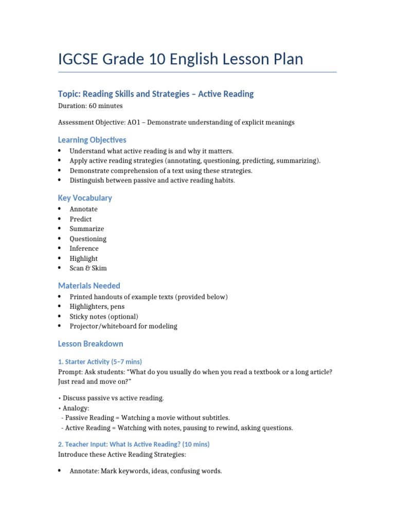 Active Reading Lesson Plan | PDF | Reading Comprehension | Behavior Modification