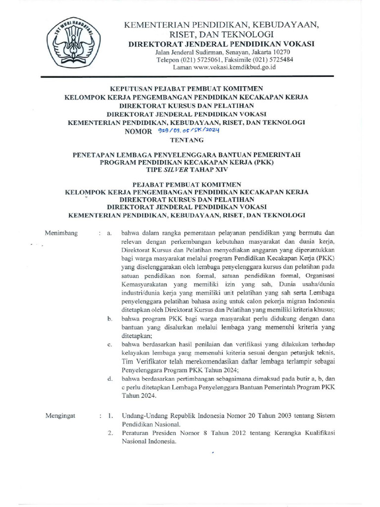 SK Penetapan Lembaga Penyelenggara Program PKK Tipe Silver Tahap XIV No. 929.D3.05.SK.2024 | PDF