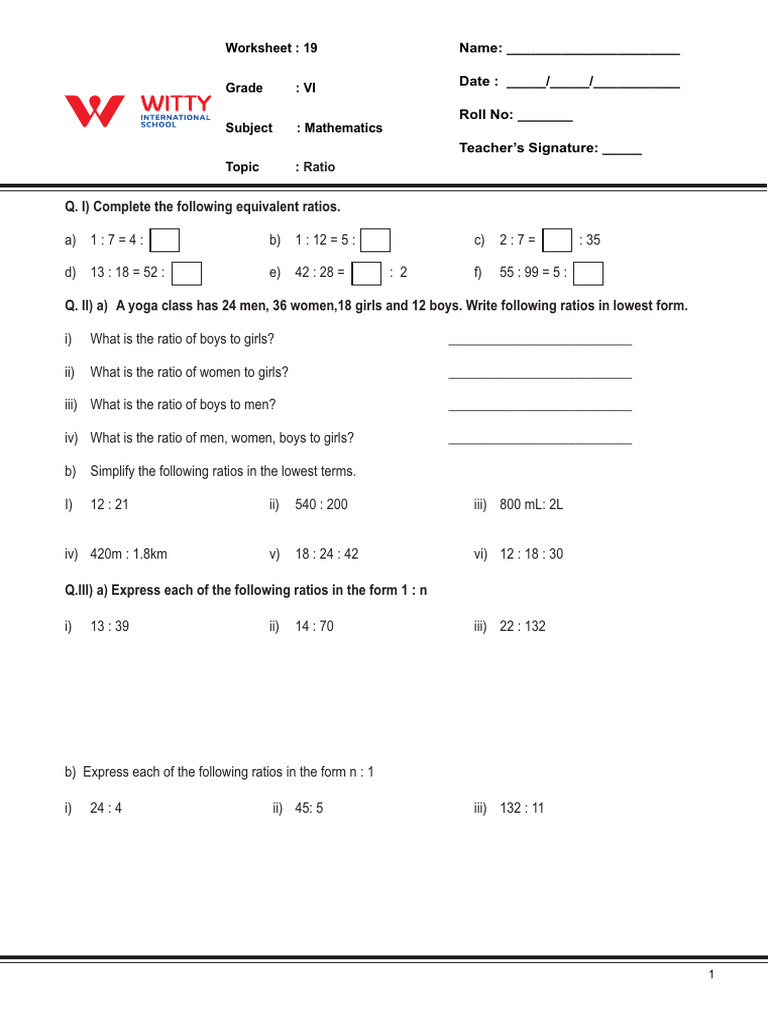 Grade VI Mathematics Worksheet on Ratios | PDF