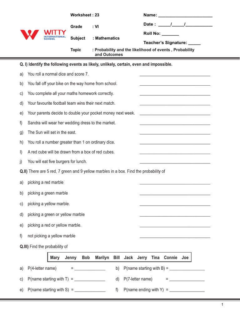 Grade VI Probability Worksheet | PDF | Mathematics