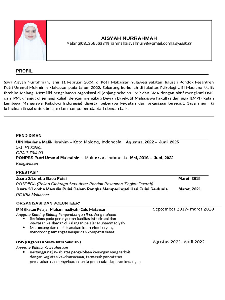CV - Aisyah Nurrahmah | PDF