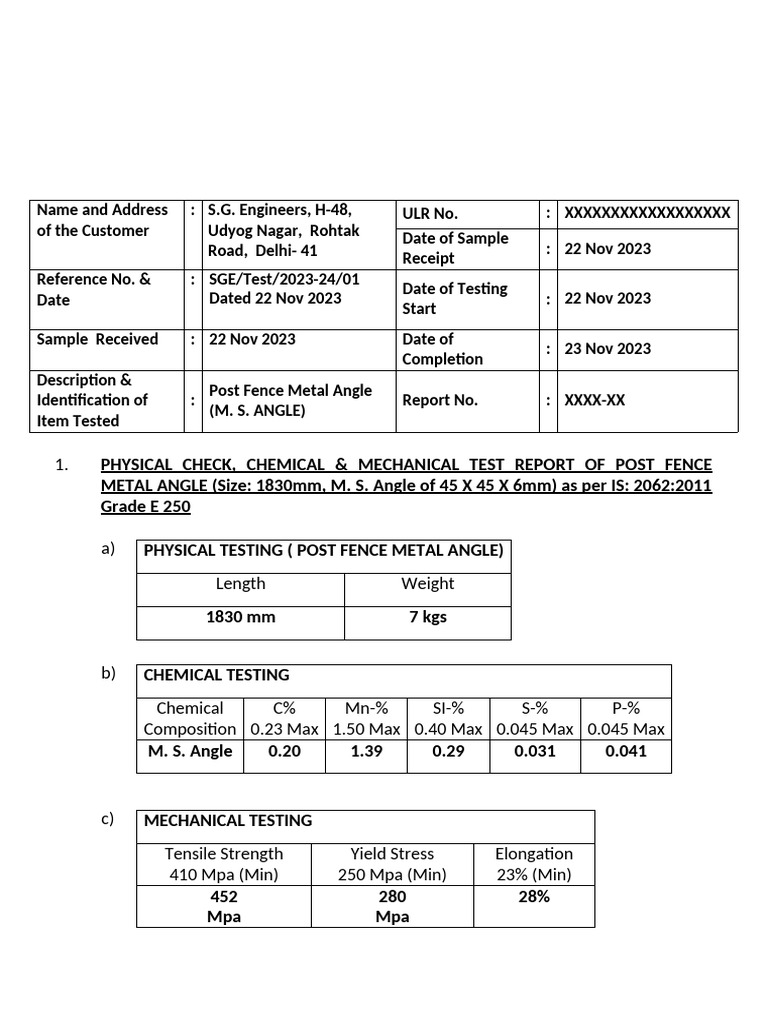 Post Fence Metal Angle Test Report | PDF