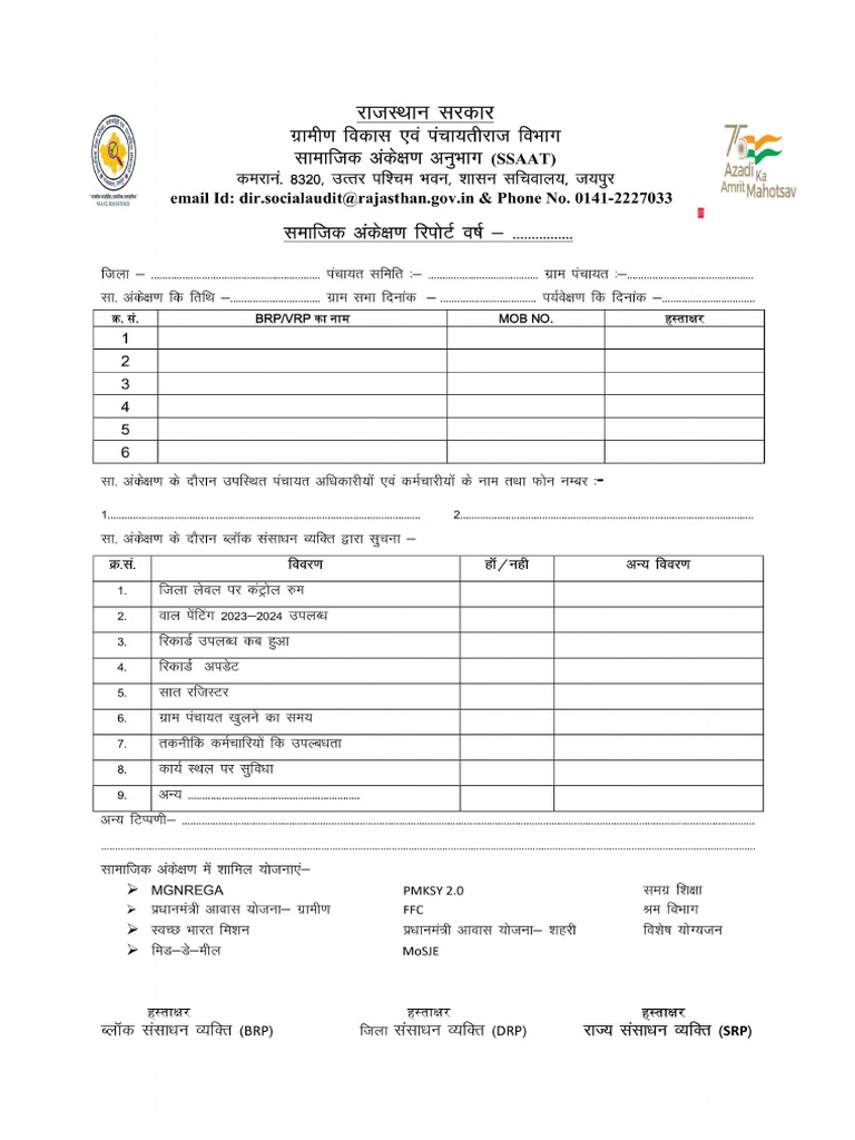 Social Audit-Nrega, SBM, Pmayr, FFC BRP, DRP Format | PDF
