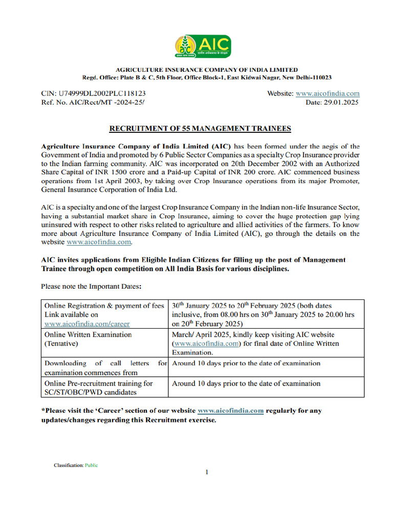 Agriculture Insurance Company Job | PDF