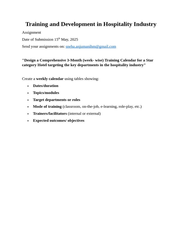 Assignment - Training & Development in Hospitality Industry | PDF