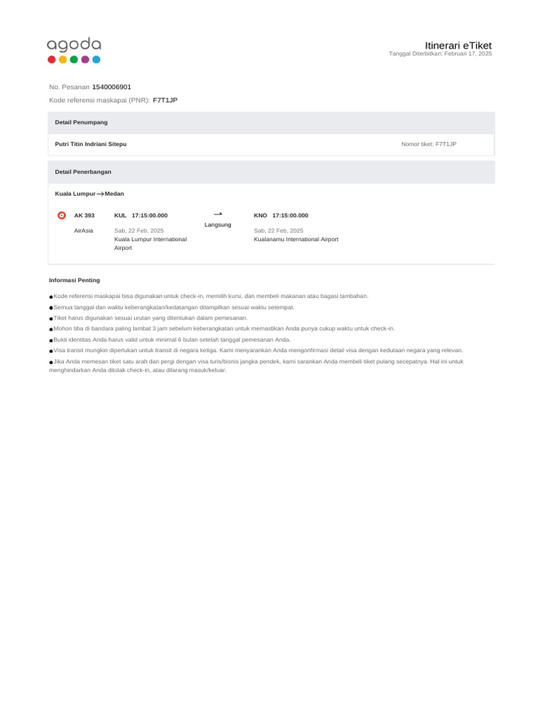 Booking ID 1540006901 ETicket | PDF