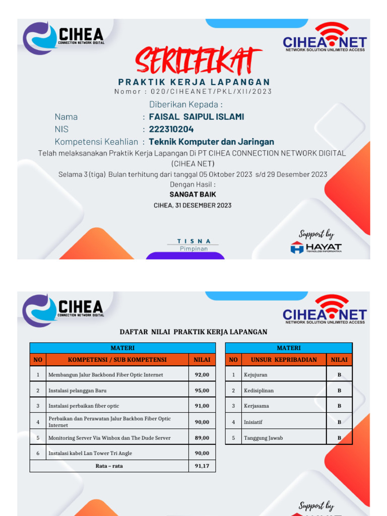 SERTIFIKAT PKL FAISAL | PDF