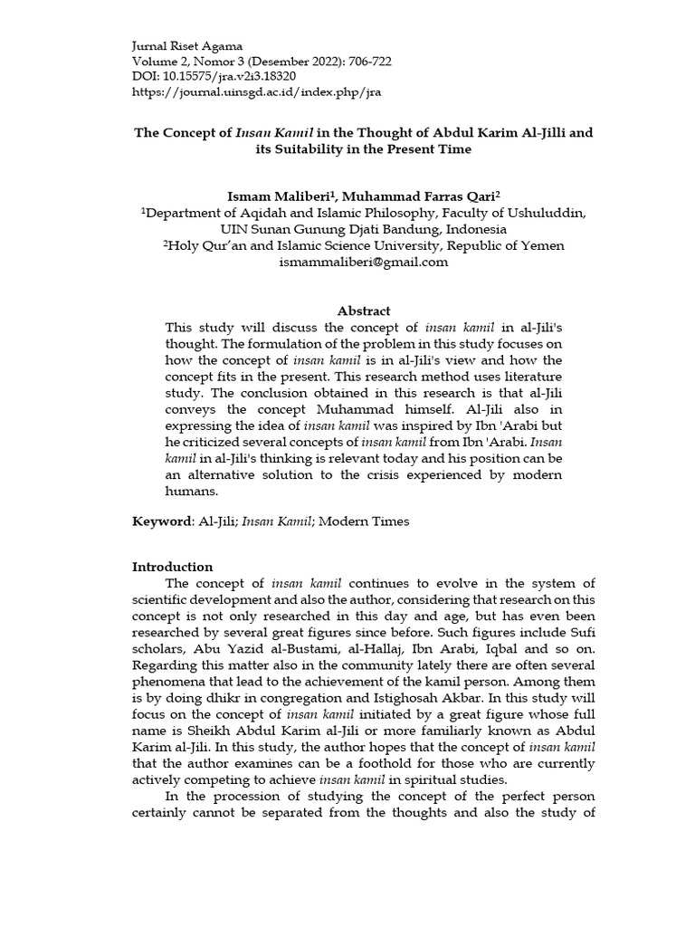The Concept of Insan Kamil in The Thought of Abdul Karim Al-Jilli and ...