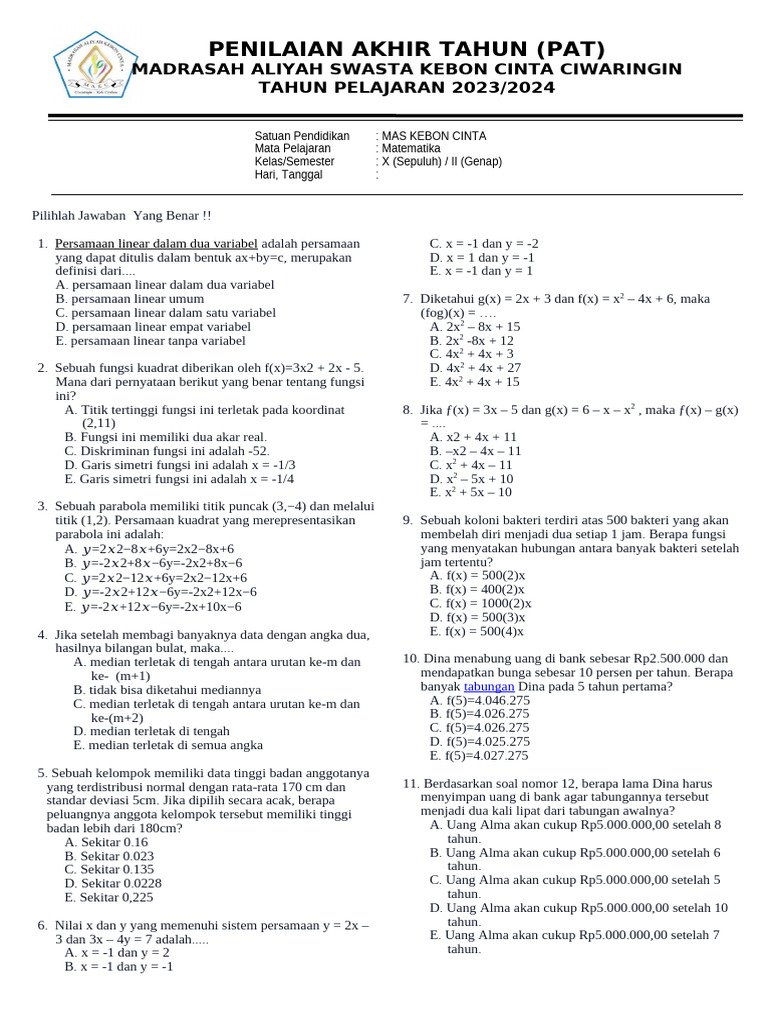Pat 2024 Kelas X MTK | PDF