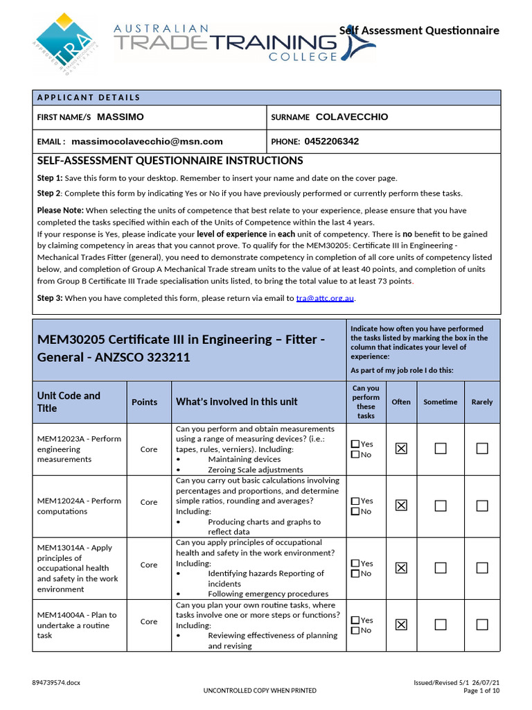 MEM30205 - Fitter (General) - Self Assessment Questionnaire v5 | PDF | Welding | Construction