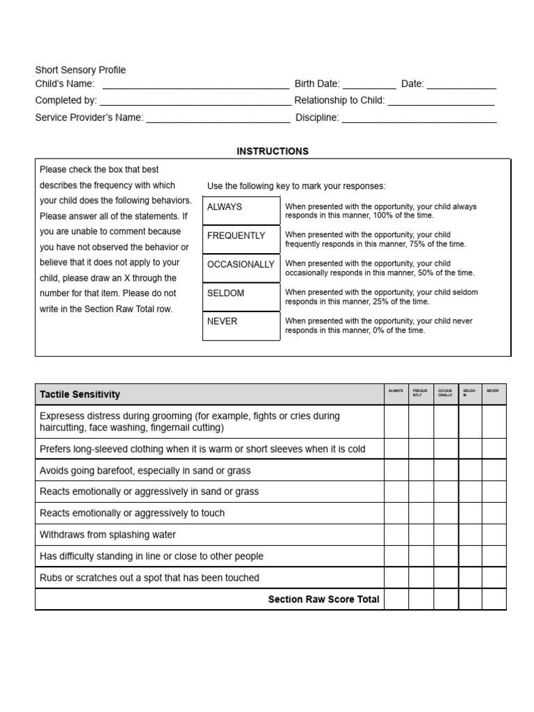 Short Sensory Profile by Hurin | PDF | Senses | Neuroscience