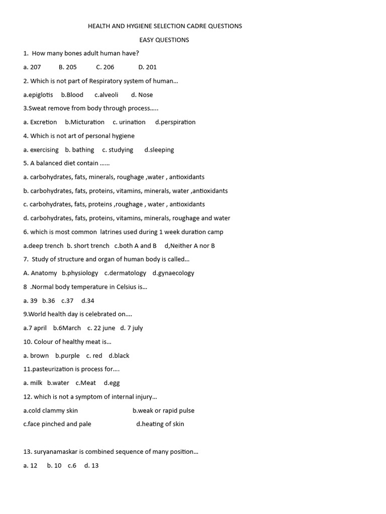 Health and Hygiene Selection Cadre Questions | PDF | Medical Specialties