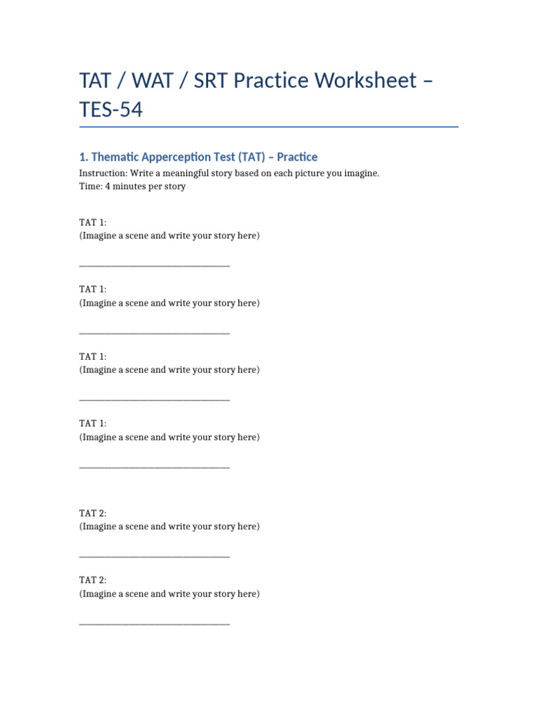 TAT WAT SRT Practice Worksheet TES54 | PDF | Tests | Evaluation Methods